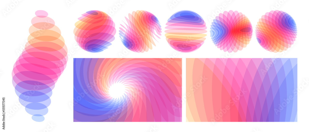 Set of various overlapping elements. Sphere. Wavy background with dynamic effect. Rotation and ...