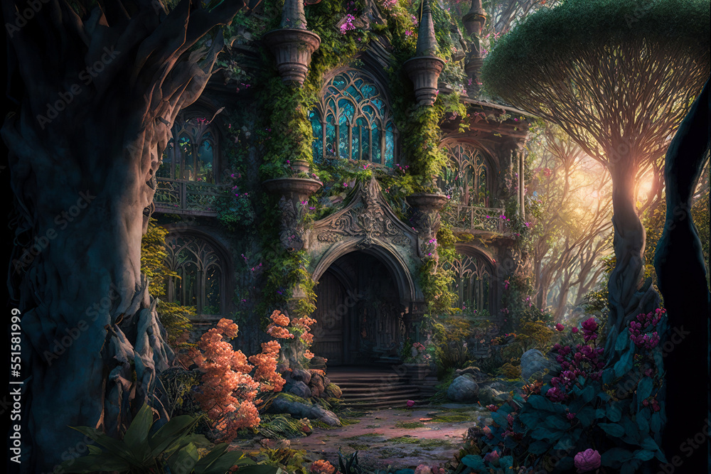 AI generated artwork of a large elfish castle in the forest. Fairy-tale ...