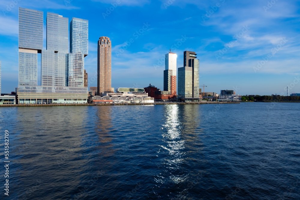 Rotterdam waterfront panorama from “Erasmus-Bridge“ over river Nieuwe ...