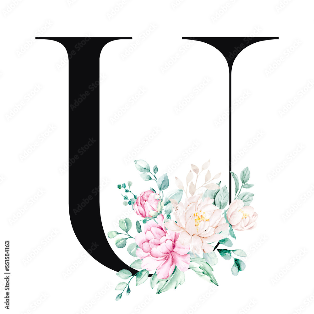 Floral alphabet, letter U with watercolor flowers and leaf. Monogram ...