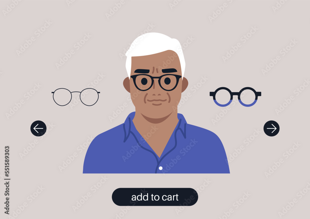 Virtual glasses try on tool, a senior male Caucasian character portrait ...