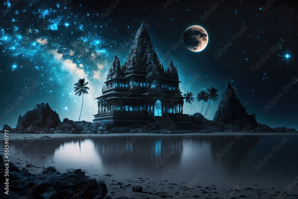 AI generated image of an ancient Hindu temple Hindu temple on the shore ...