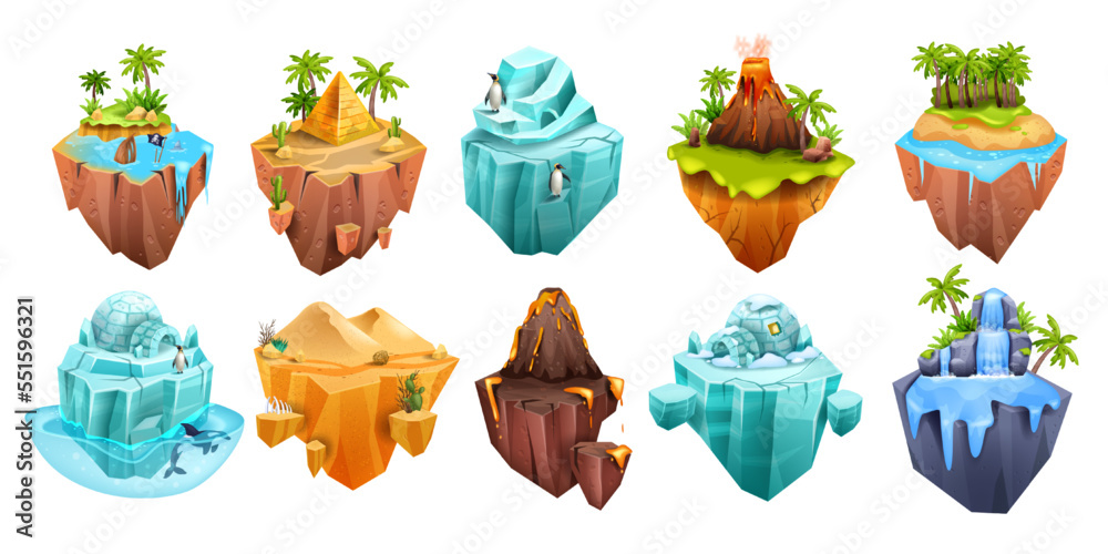Game island, iceberg, volcano, desert Egypt pyramid, vector isometric ...