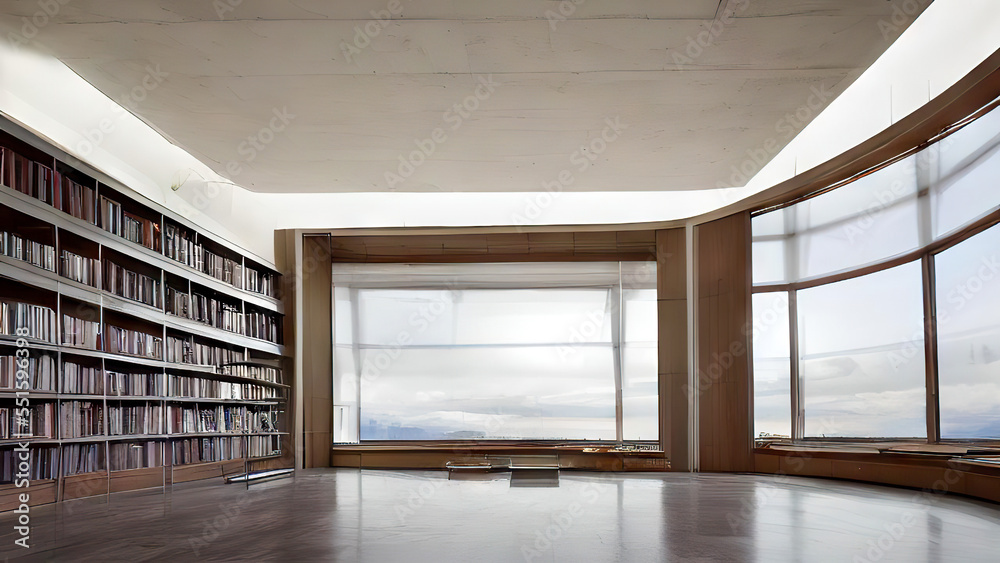 interior of bright modern library with large windows background ...