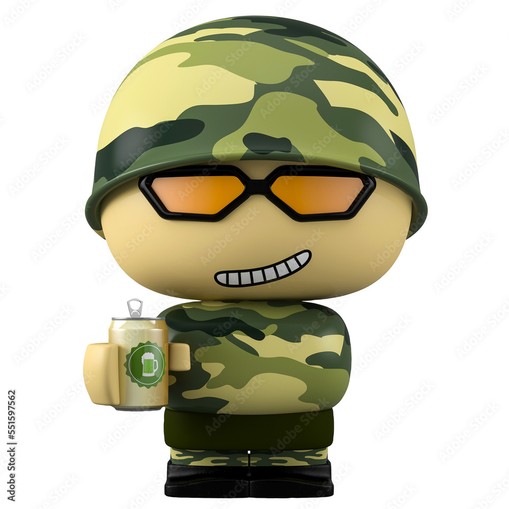 3D Cartoon character. Soldier holding a beer can isolated on white ...