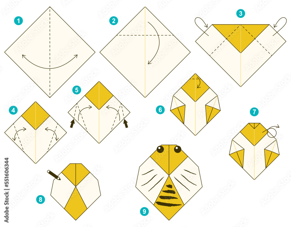 Origami tutorial for kids. Origami cute Bee. Stock Vector | Adobe Stock