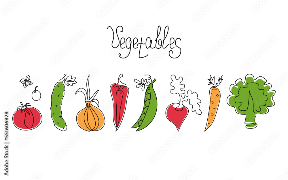 Set of vegetables in the style of line art. Vegetarian food. One line ...