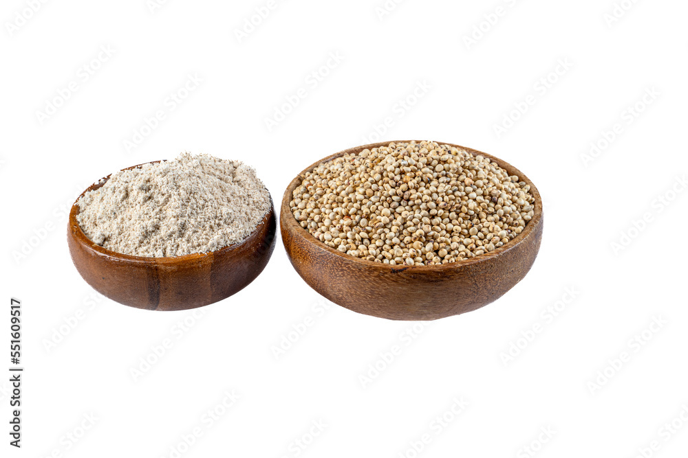 Top view of Sorghum grains and sorghum flour in bowls on white ...