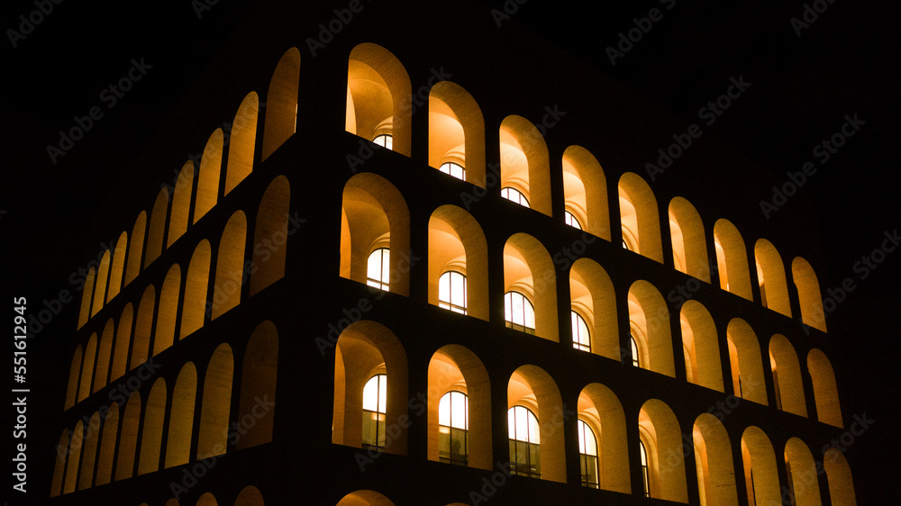 Aerial night view of the Palazzo della Civiltà Italiana, also known as ...