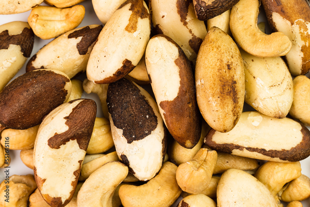 Cashew nuts and Pará nuts from Brazil isolated on white background ...