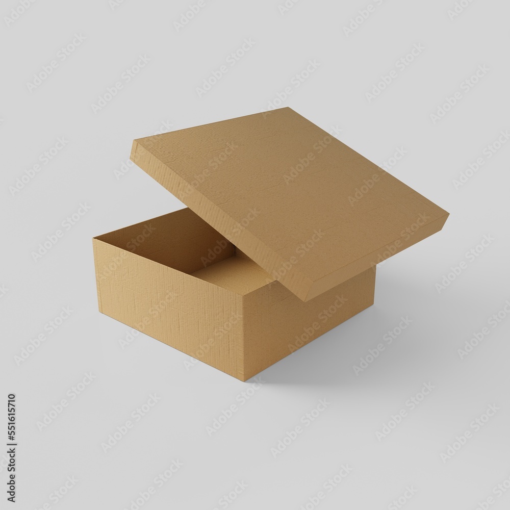 Ajar box with a lid in a new angle. Blank box for promotional creative ...