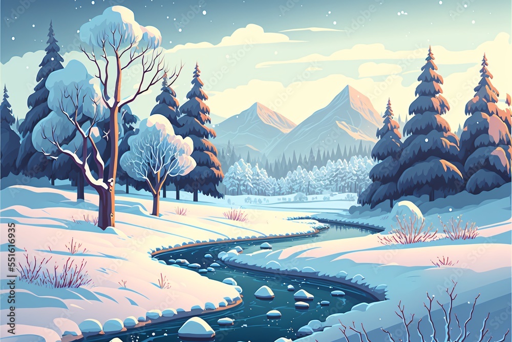 winter forest landscape, cartoon style Stock Illustration | Adobe Stock