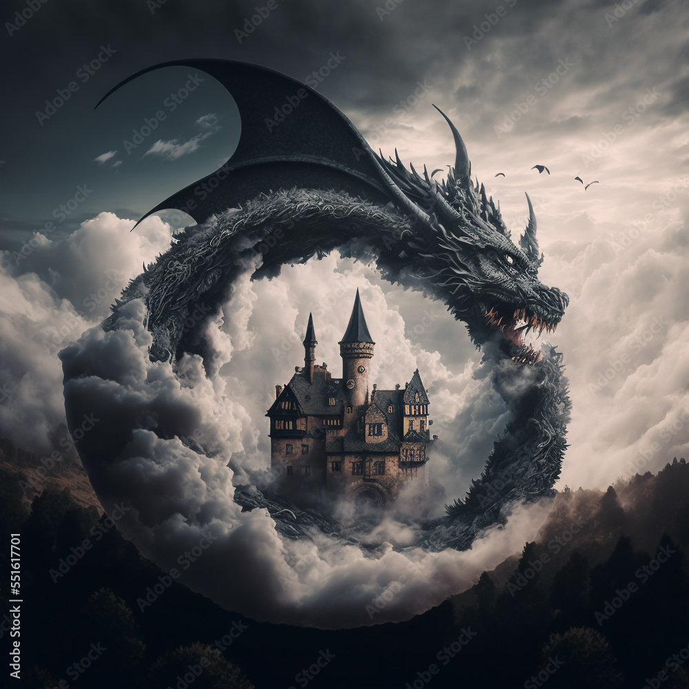 dragon flying over magic castle Stock Illustration | Adobe Stock