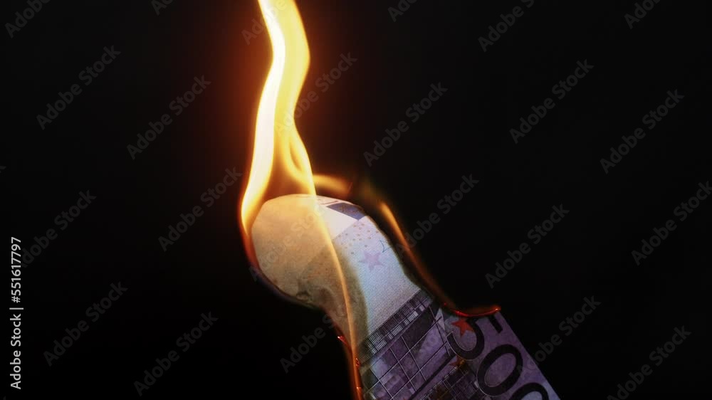 Burning of 500 euro banknote on black studio background. Flame of fire ...