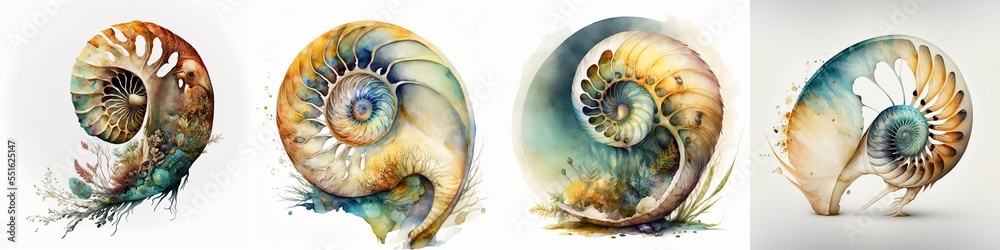 4 Pack. Isolated Digital Watercolor Images of Spiral Shells with Plant ...