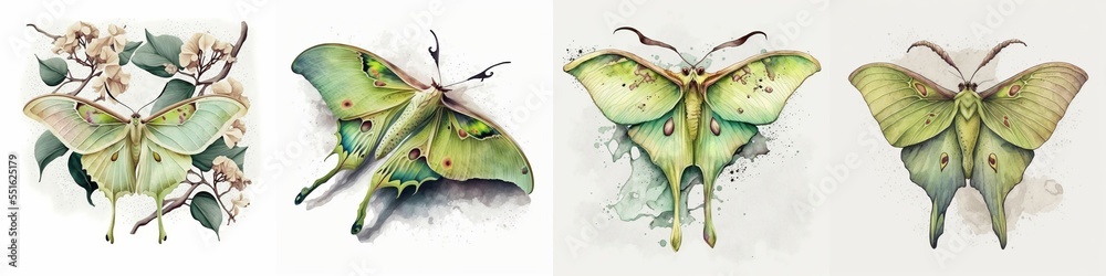 4 Pack. Isolated Digital Watercolor Images of a Green Luna Moth ...