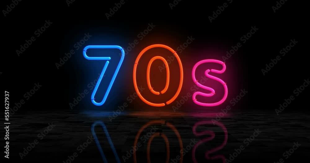 70s neon glowing symbol. Light color bulbs. Retro 1970, seventies ...