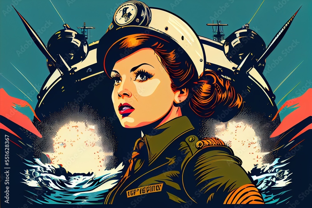 Happy young attractive woman in a Marine captain's uniform against the ...