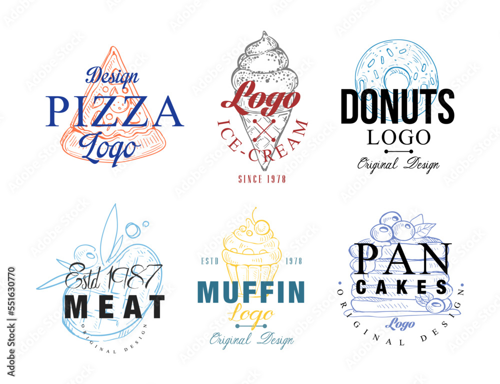 Food Sketch Logo Design with Pizza, Ice Cream, Donuts, Meat, Muffin and ...