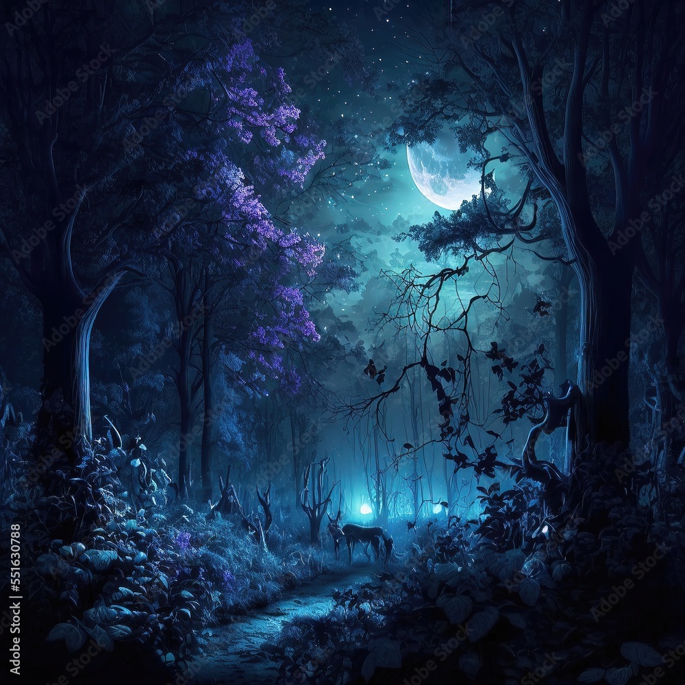 Fairy-tale night forest with bizarre trees in the form of an arch, moonlight, magical ...