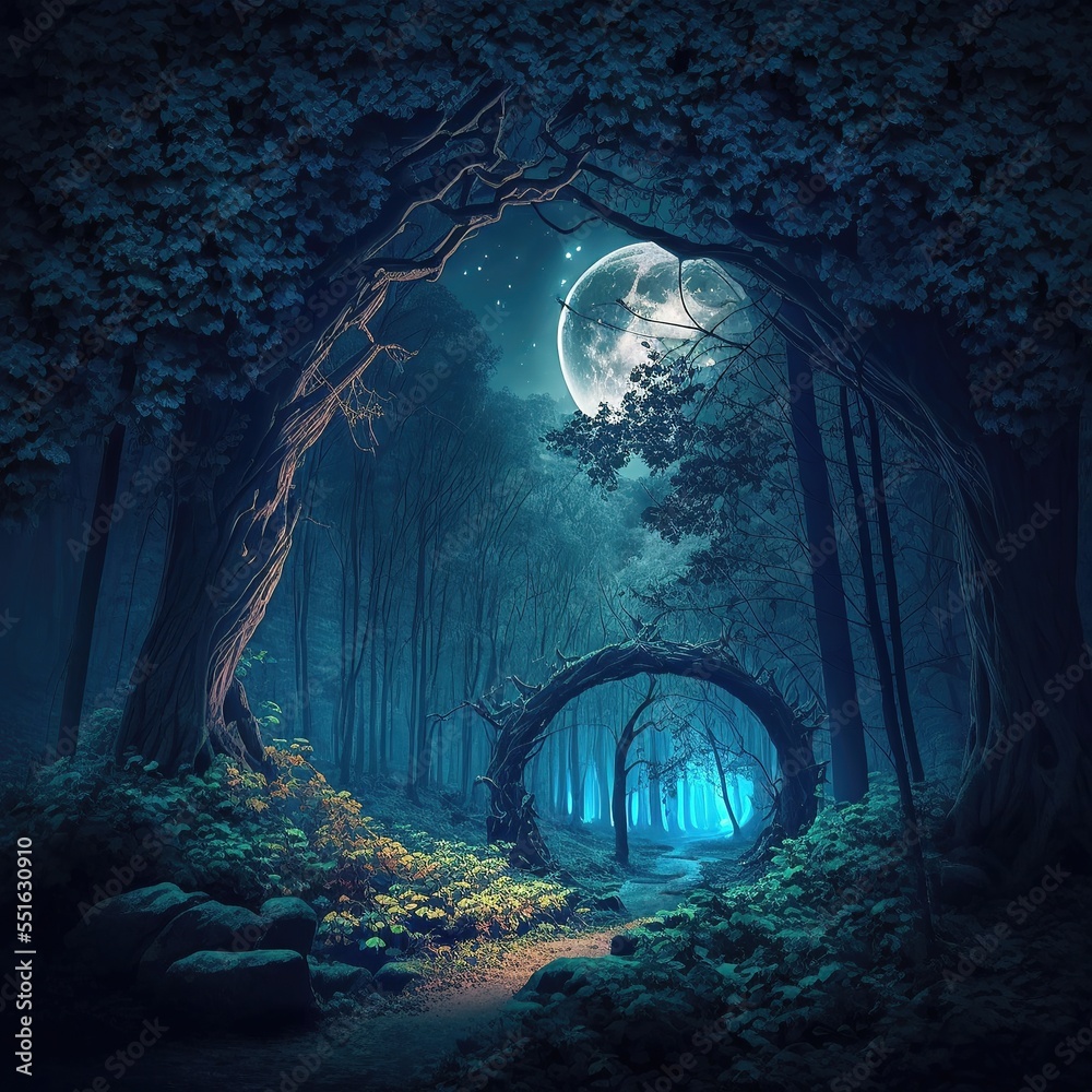 Fairy-tale night forest with bizarre trees in the form of an arch ...