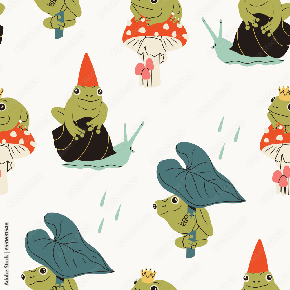 Set of cute Frogs. Frog with crown sitting on a red mushroom, frog ...