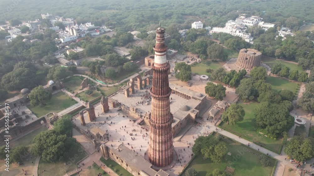 Aerial Drone footage of Qutub Minar a Unesco world heritage site in New ...