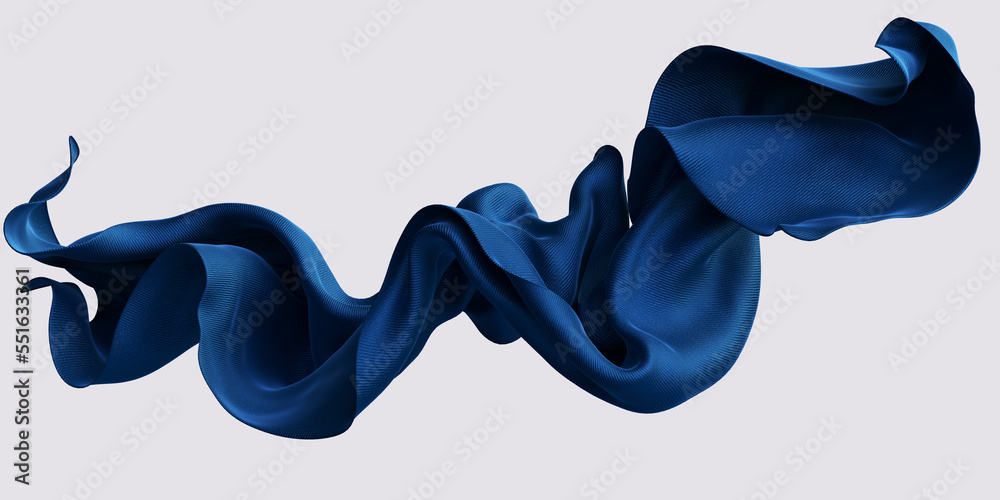 Flying fabric element, blue floating scarf 3d rendering, fashion banner ...