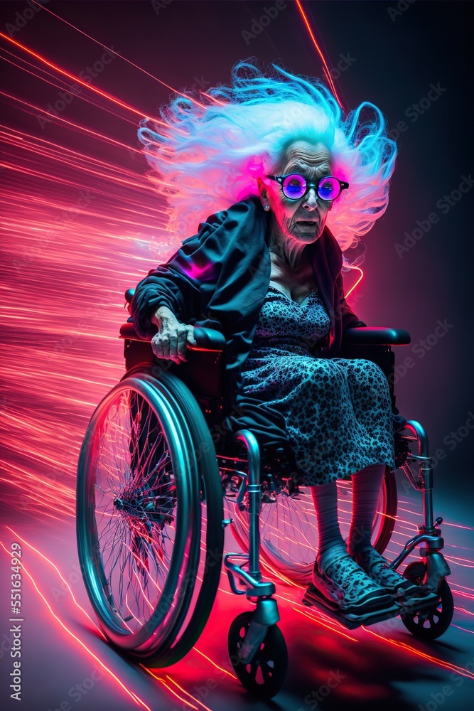 Cyberpunk grandma speeding through cyberspace in futuristic neon ...