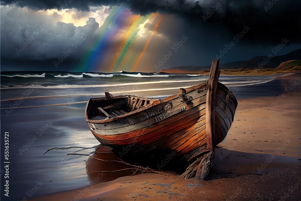 An old wrecked fishing boat rides on a deserted beach. An abandoned ...