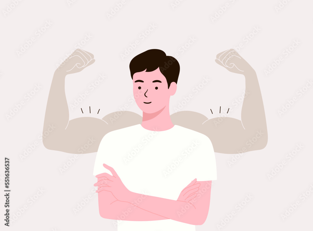 Strong man. Cute boy and muscle arms behind him. Independence, Boy ...