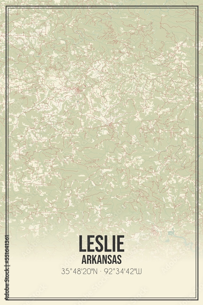Poster Retro US city map of Leslie, Arkansas. Vintage street map ...