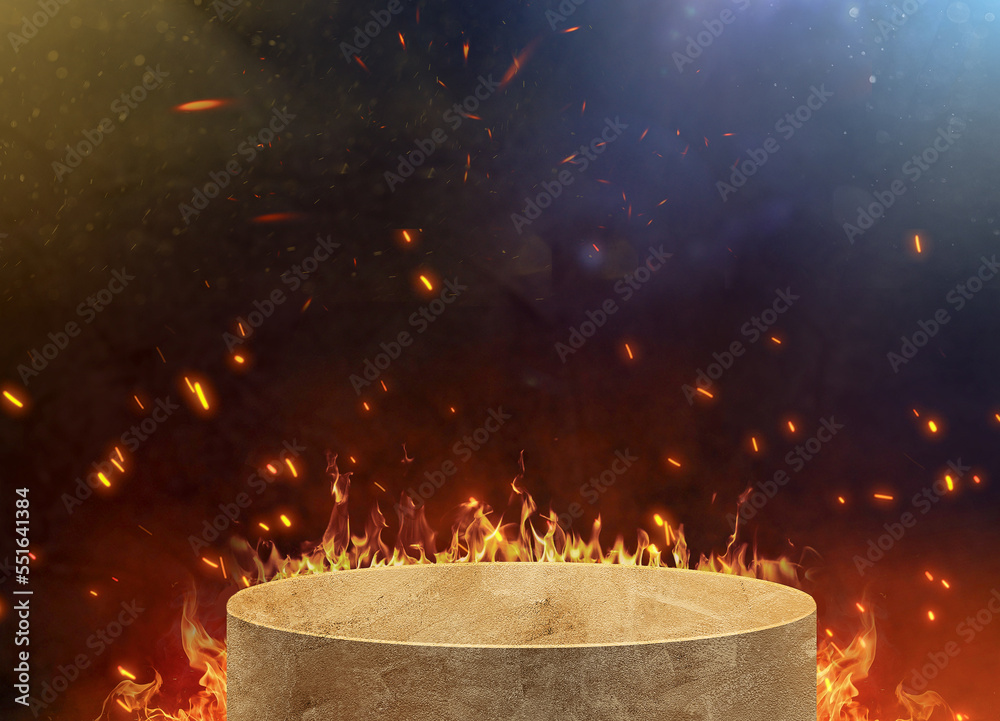Fire podium for product presentation, stand of white rock ,fire ...