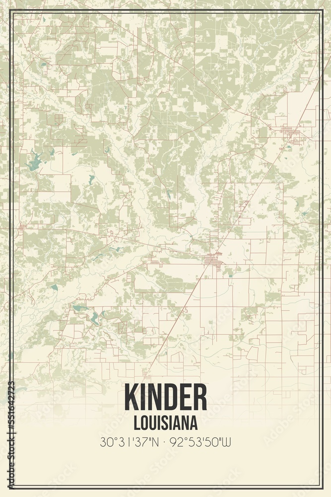 Retro US city map of Kinder, Louisiana. Vintage street map. Stock ...