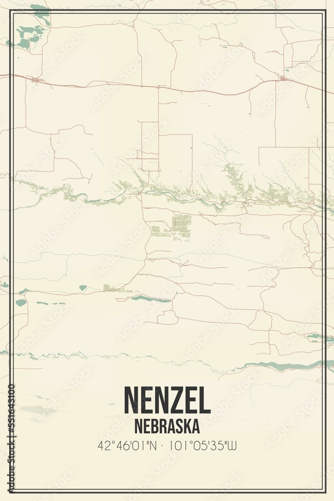 Retro US city map of Nenzel, Nebraska. Vintage street map. Stock ...