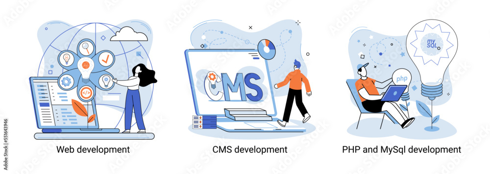Website architecture concepts metaphor. Web development, PHP and MySQL, CMS, interface design ...