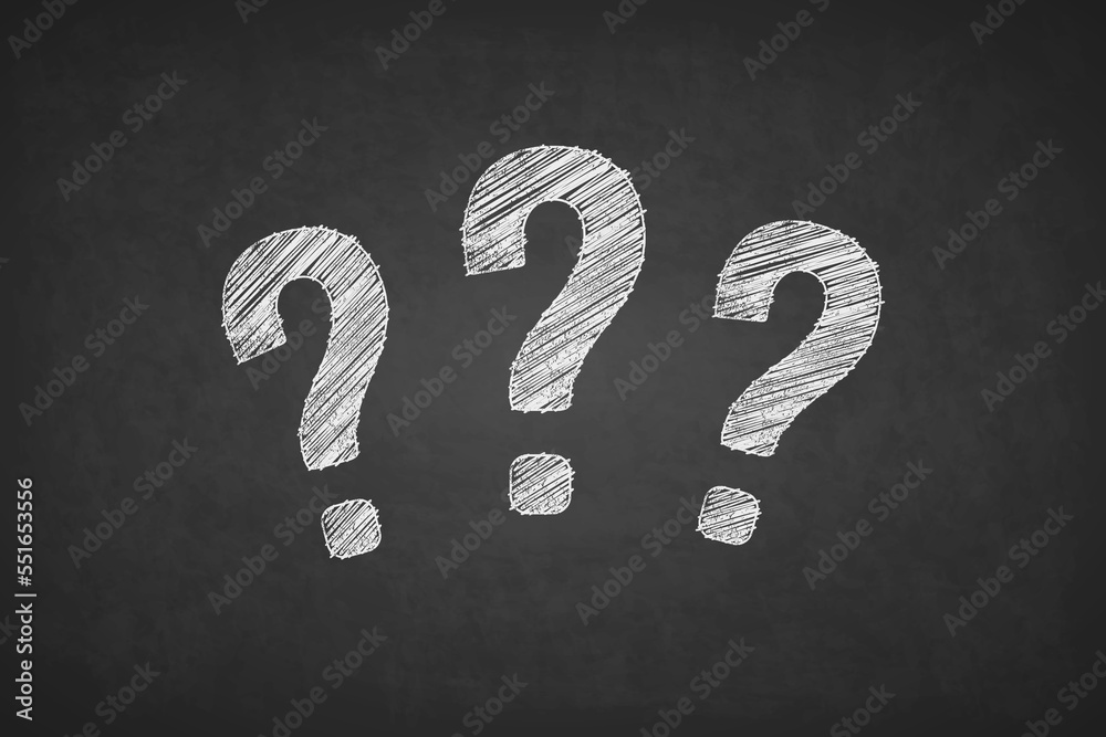 Question mark written chalk on blackboard. Questions why? Quiz white ...
