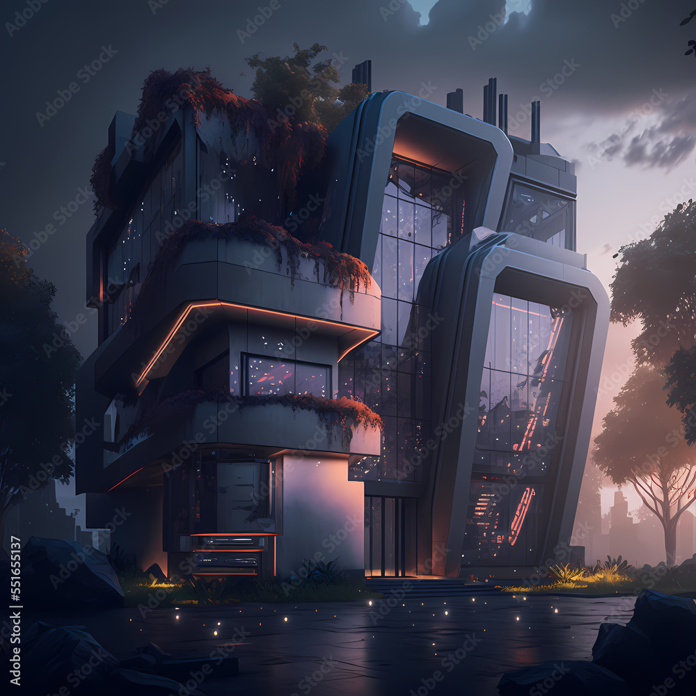 Futuristic Villa House Building in a deconstructivist style at night ...