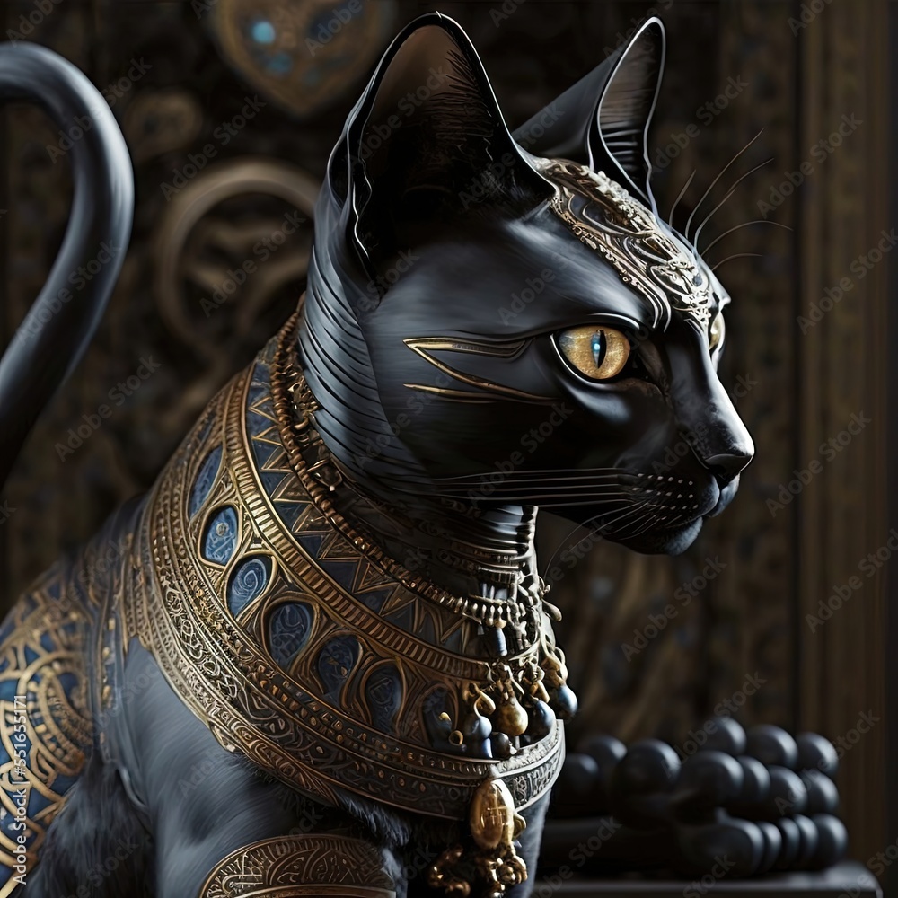 Ancient Egyptian black cat with golden ornaments. Statuette in black interior, podium. Ancient ...