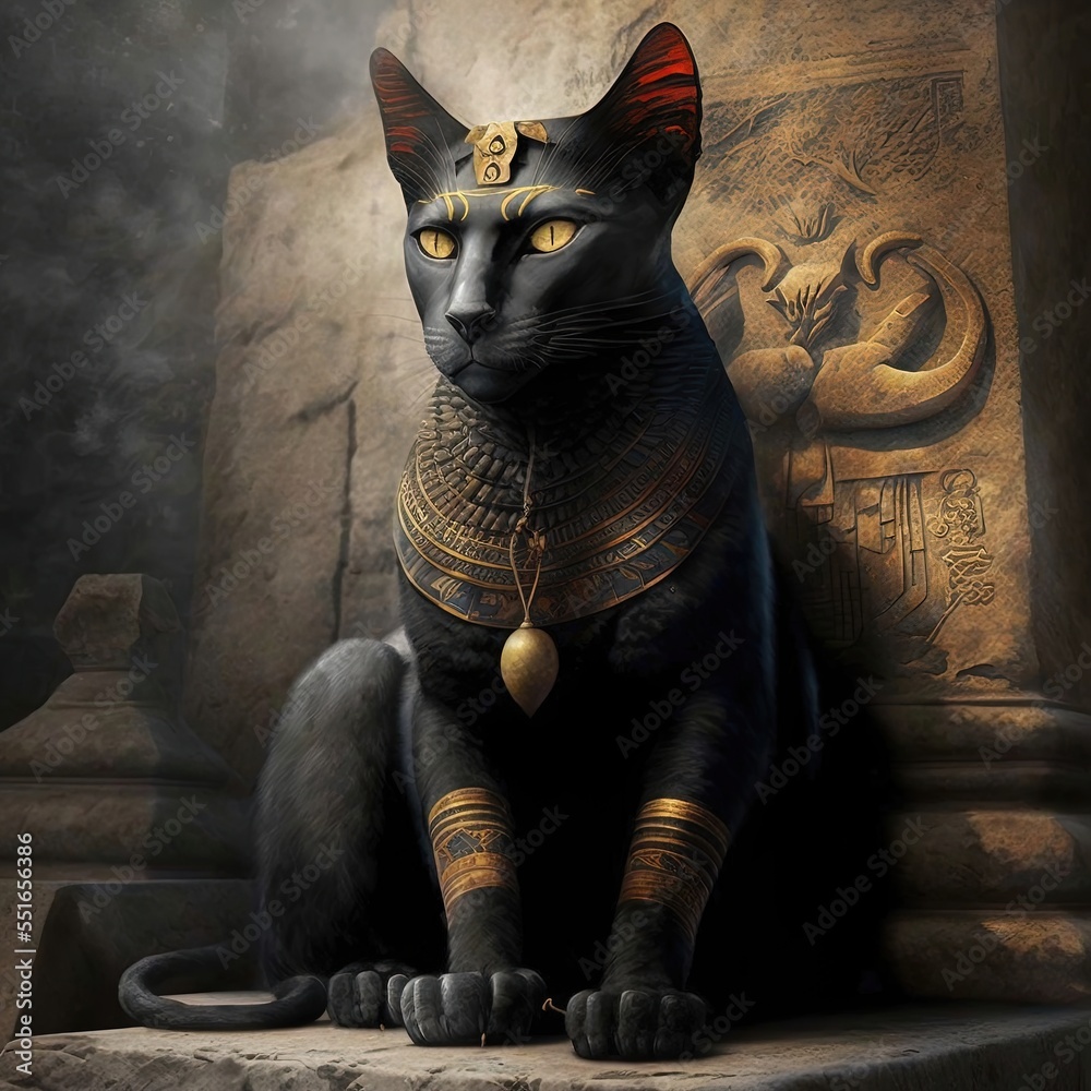 Ancient Egyptian black cat with golden ornaments. Statuette in black interior, podium. Ancient ...