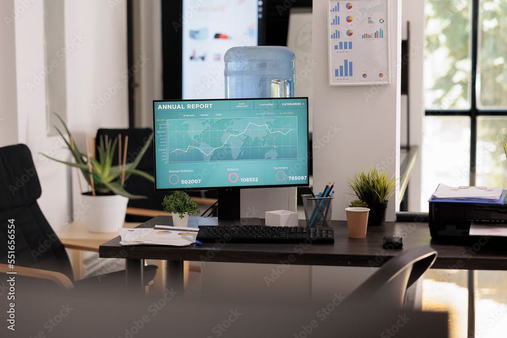 Monitor with analysis of business performance at office desk. Software ...