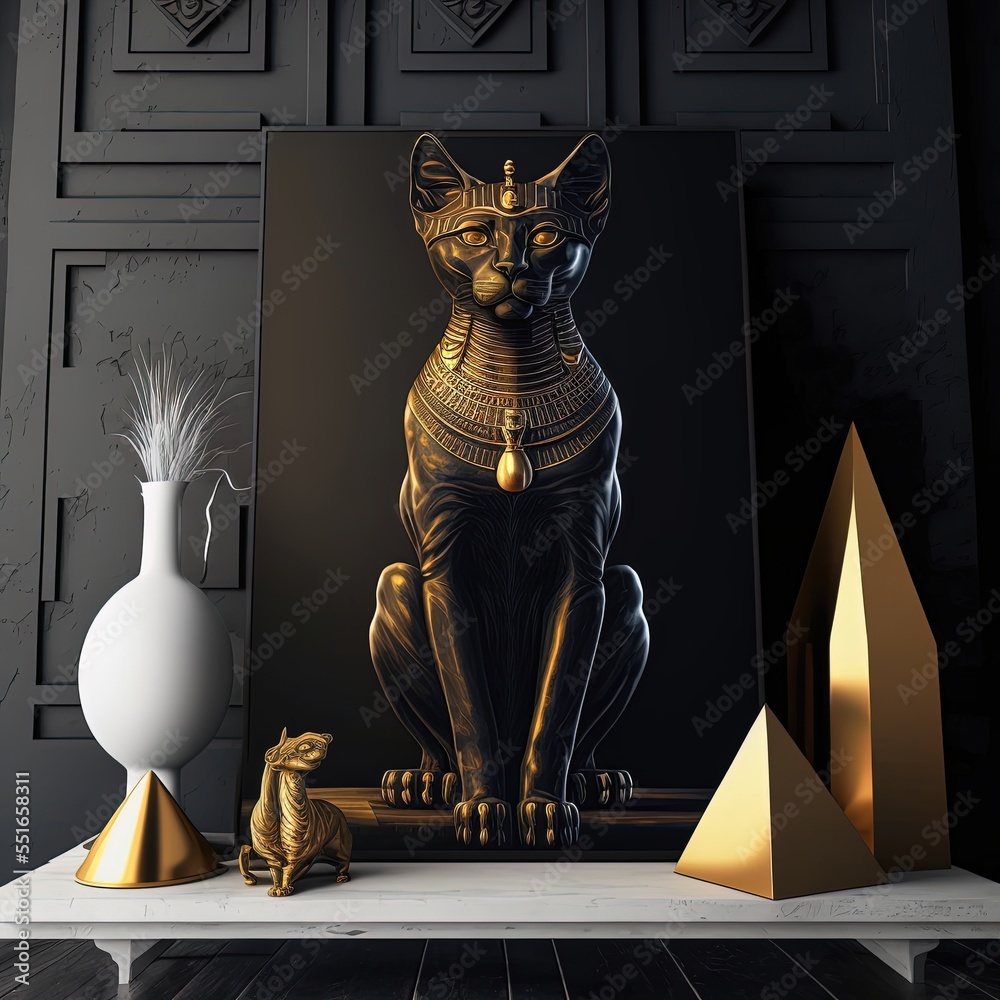 Ancient Egyptian black cat with golden ornaments. Statuette in black interior, podium. Ancient ...