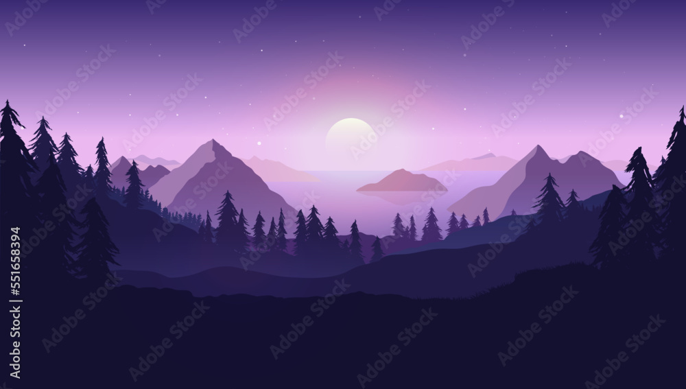 Night landscape vector illustration - Dark nature scene with full moon ...
