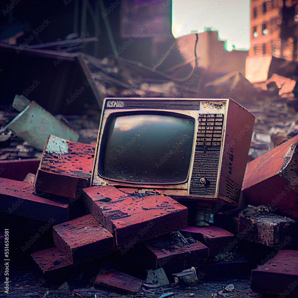 An old computer lying on the ruins of a house. A post-apocalyptic ...