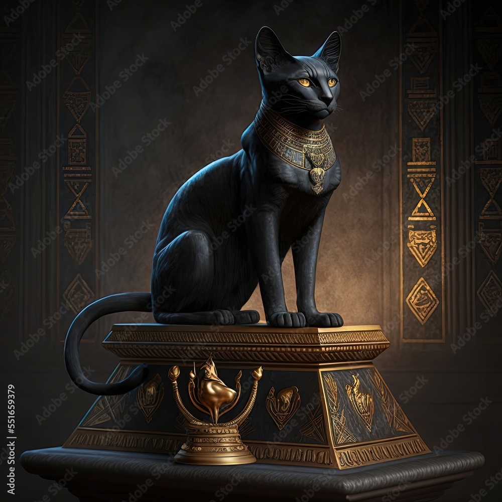 Ancient Egyptian black cat with golden ornaments. Statuette in black interior, podium. Ancient ...