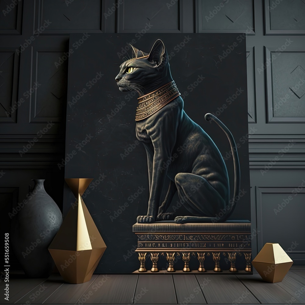 Ancient Egyptian black cat with golden ornaments. Statuette in black interior, podium. Ancient ...