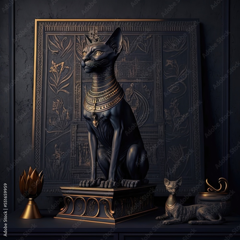 Ancient Egyptian black cat with golden ornaments. Statuette in black interior, podium. Ancient ...