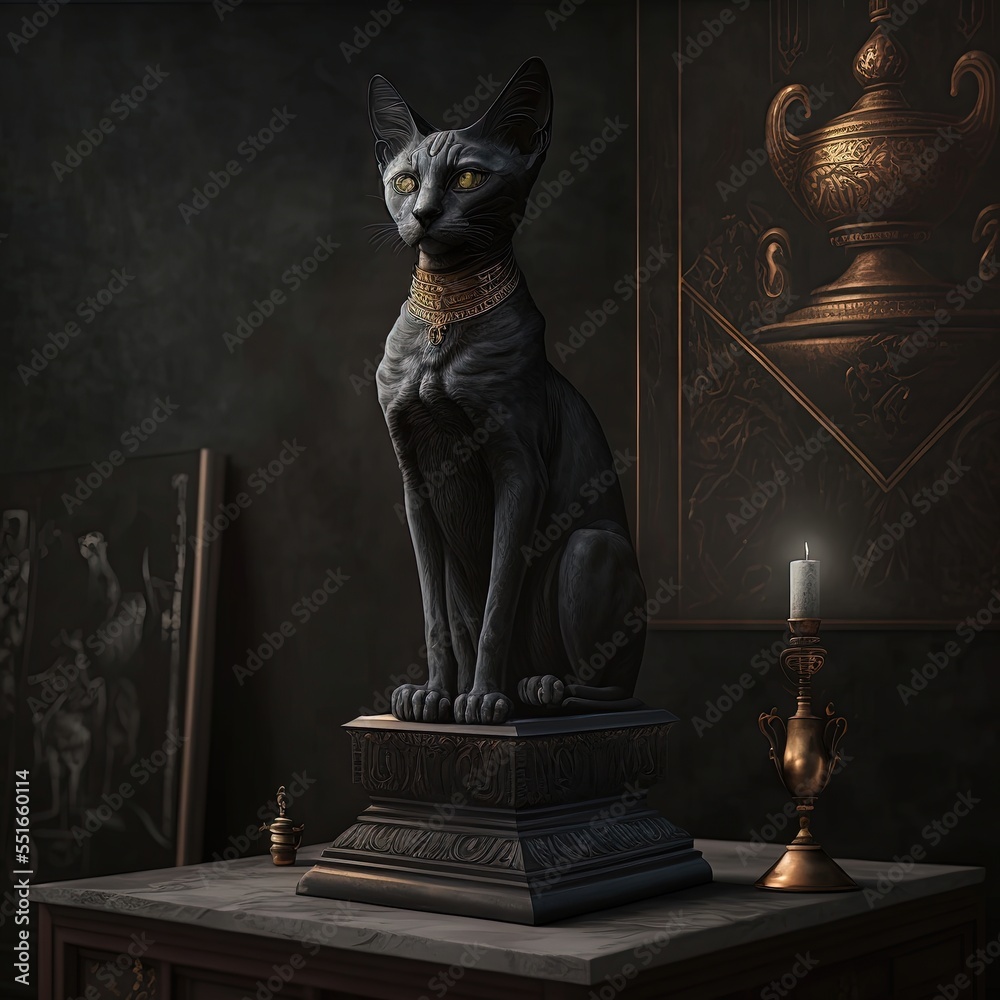 Ancient Egyptian black cat with golden ornaments. Statuette in black interior, podium. Ancient ...
