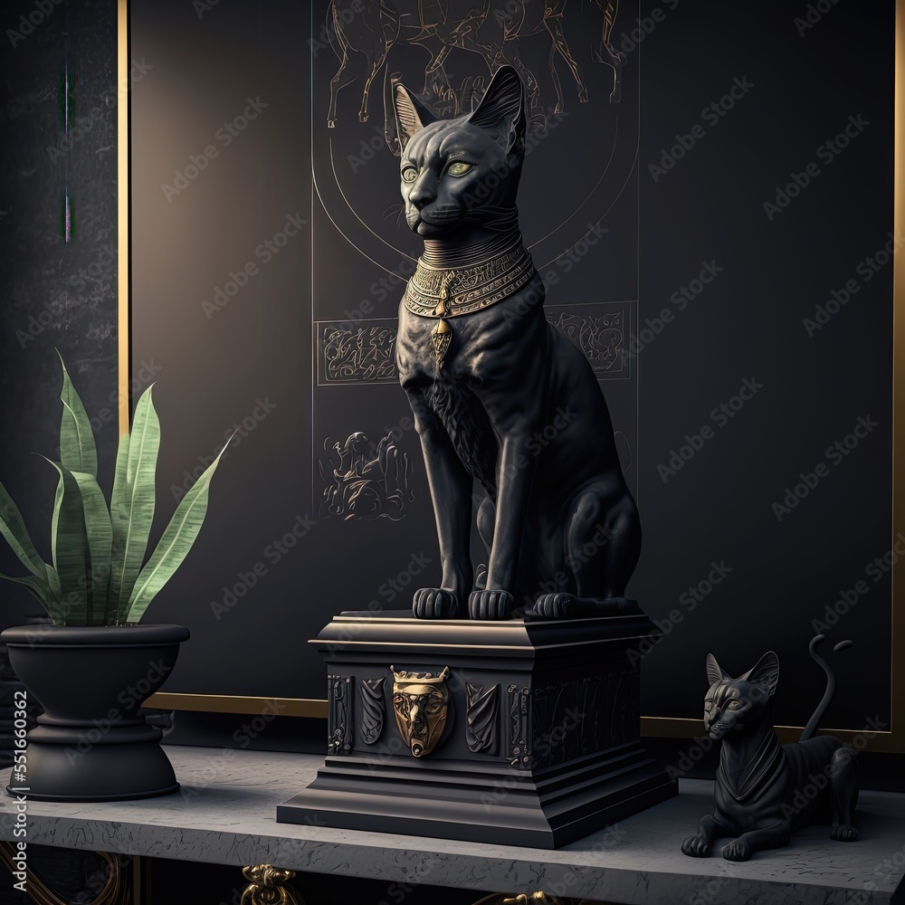 Ancient Egyptian black cat with golden ornaments. Statuette in black interior, podium. Ancient ...