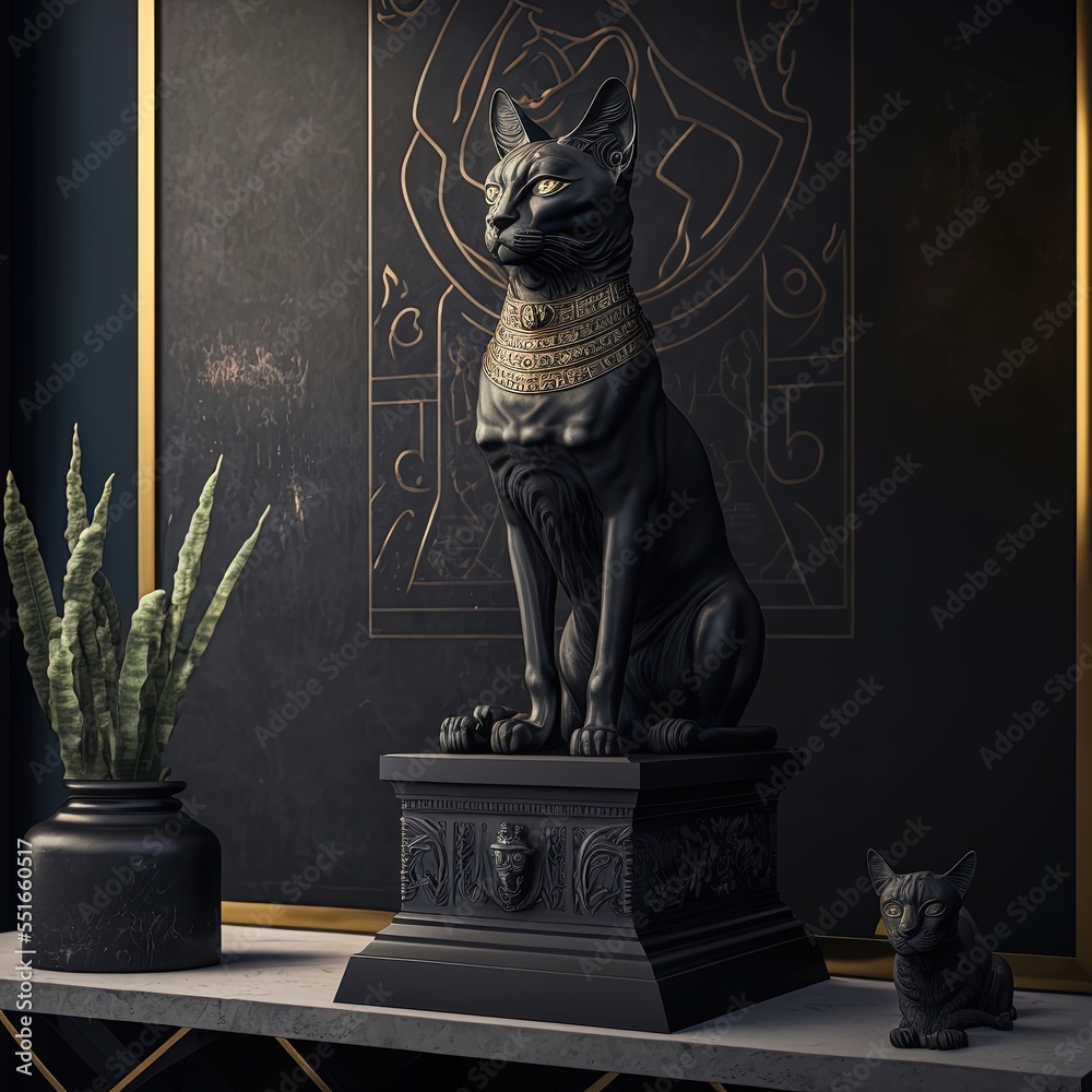 Ancient Egyptian black cat with golden ornaments. Statuette in black interior, podium. Ancient ...